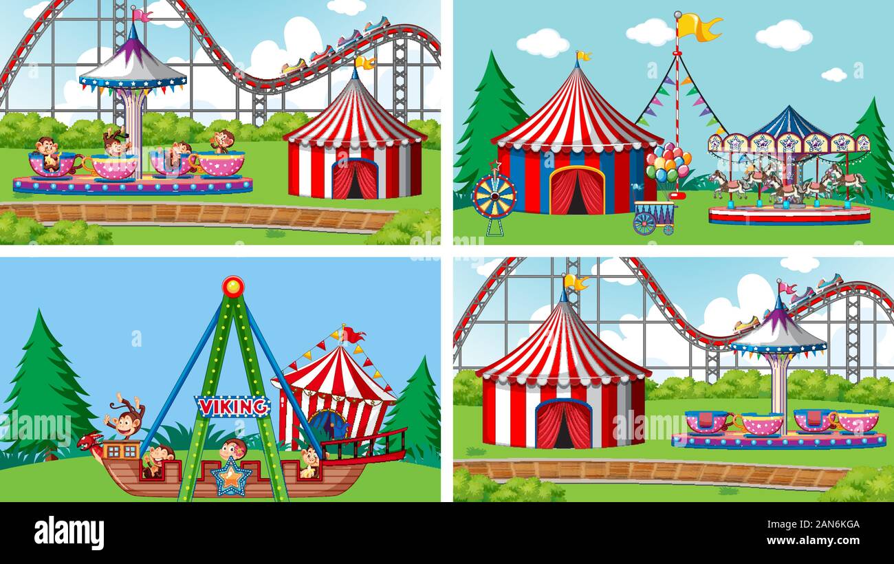 Four scenes with many rides in the fun fair illustration Stock Vector ...