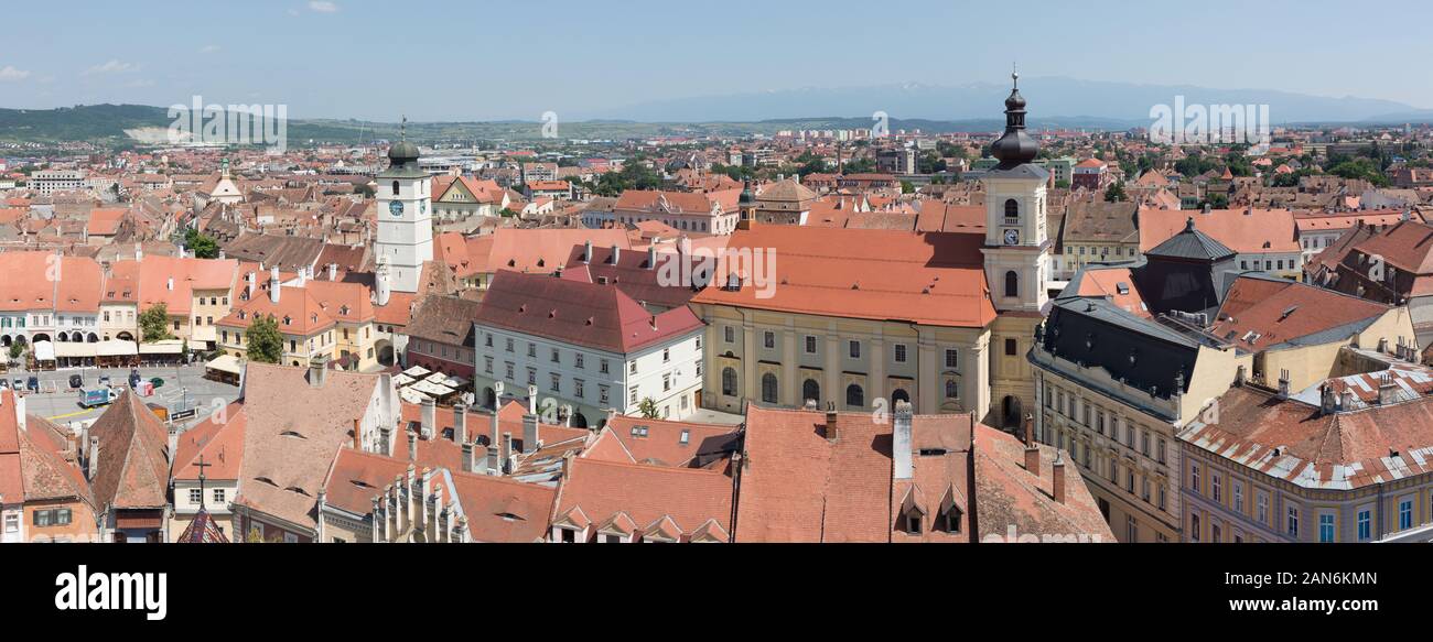 Panorama view of Sibiu Old Town. On the right the Roman Catholic Church ...
