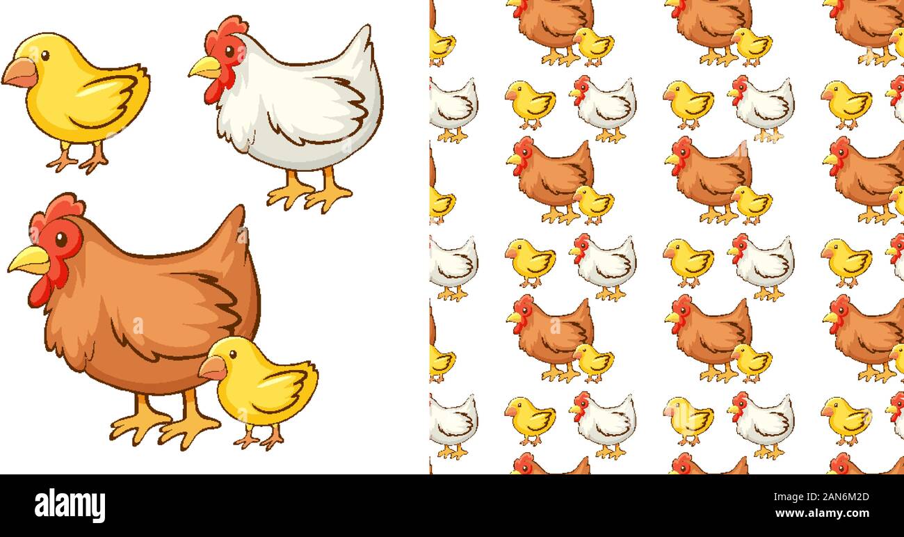 Seamless background design with hen and chicks illustration Stock ...