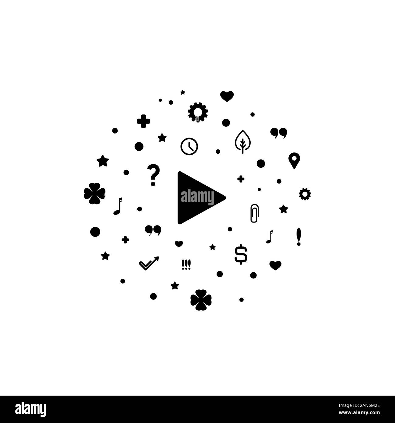 Play icon in circle with signs, arrows, bubbles and stars. Film or ...