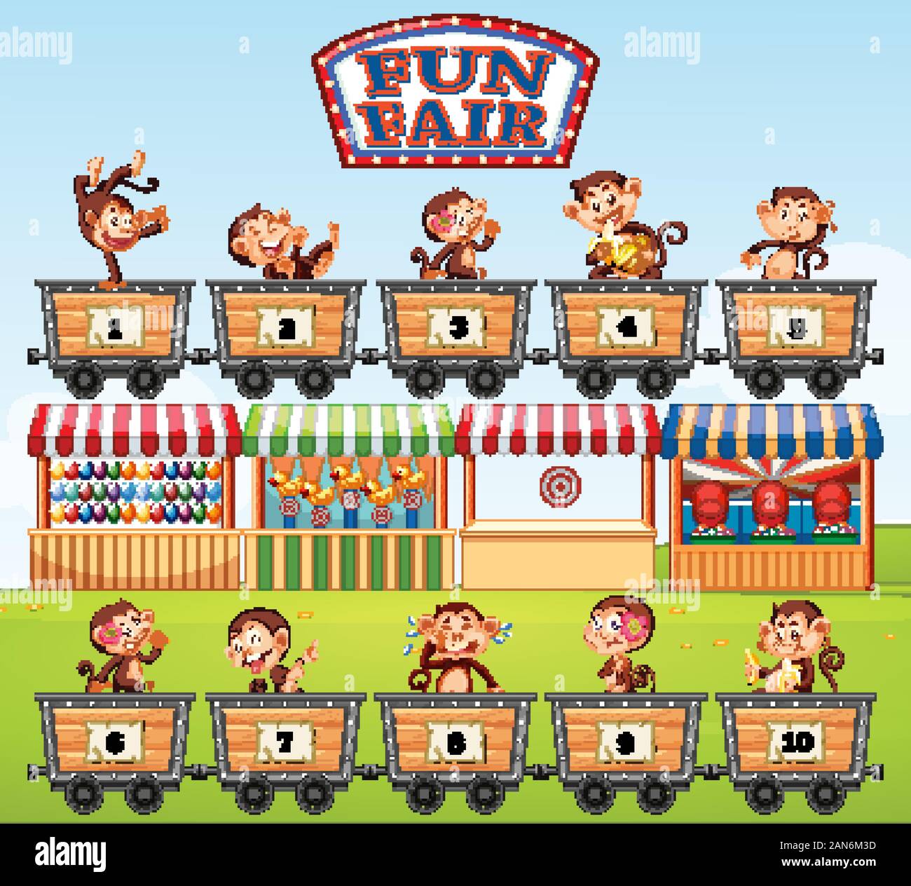 Happy monkeys riding in the carts with numbers illustration Stock ...