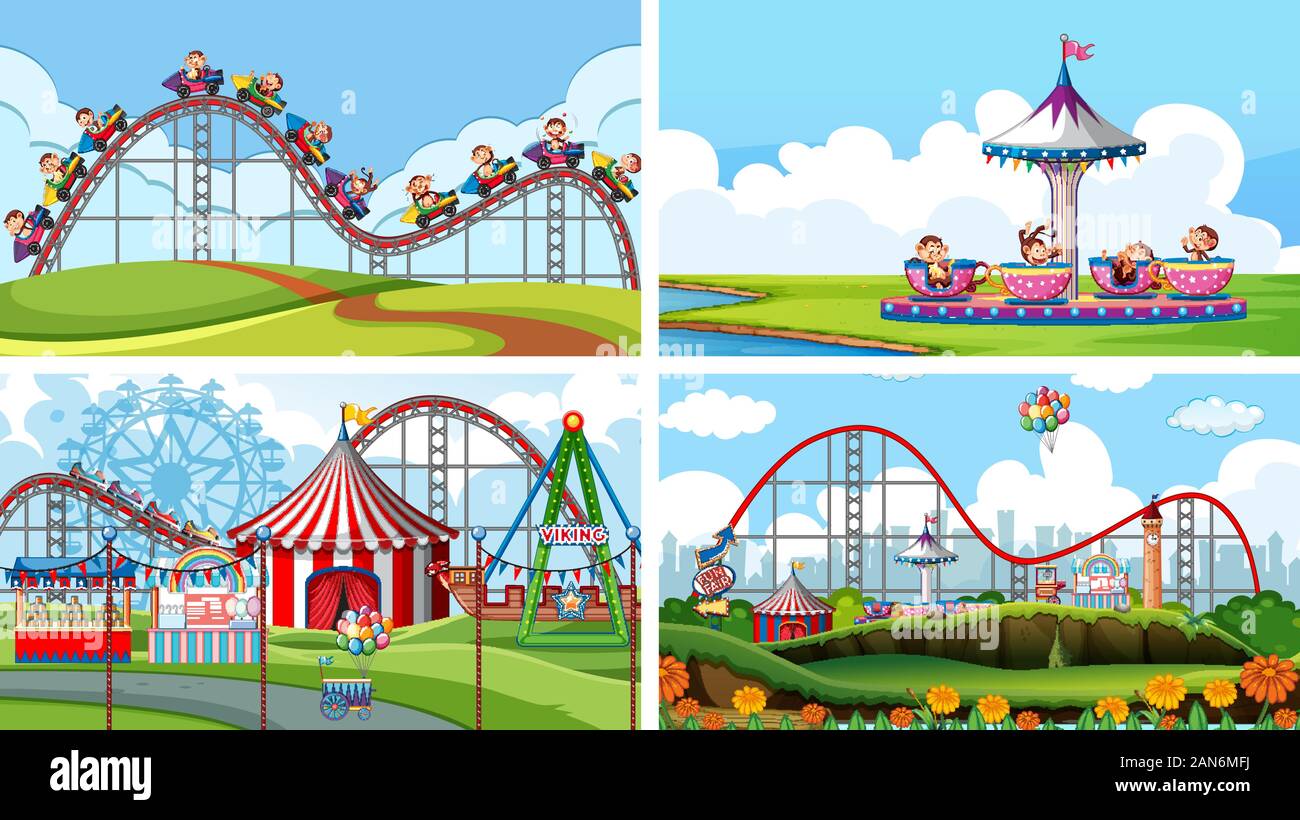Four scenes with many rides in the fun fair illustration Stock Vector ...