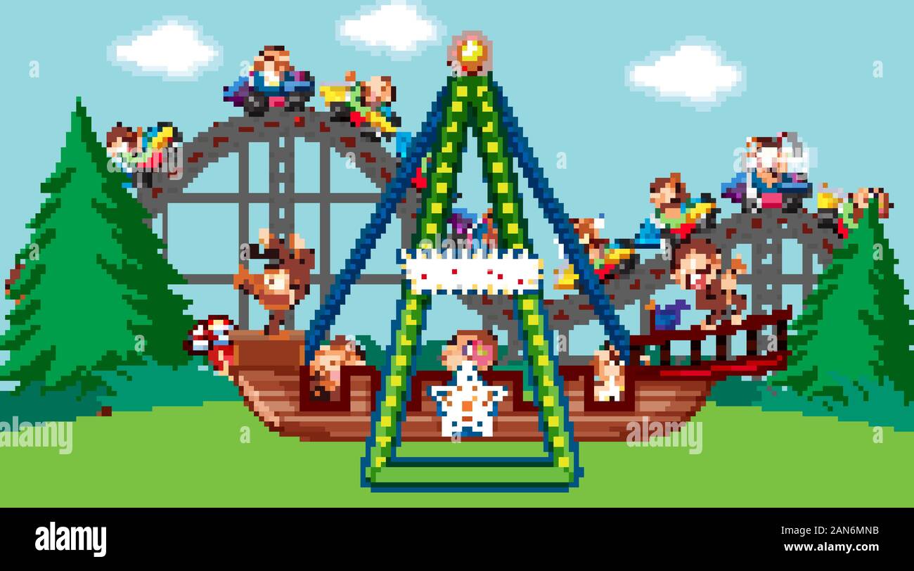 Scene with cute monkeys riding on viking ship and roller coaster ...