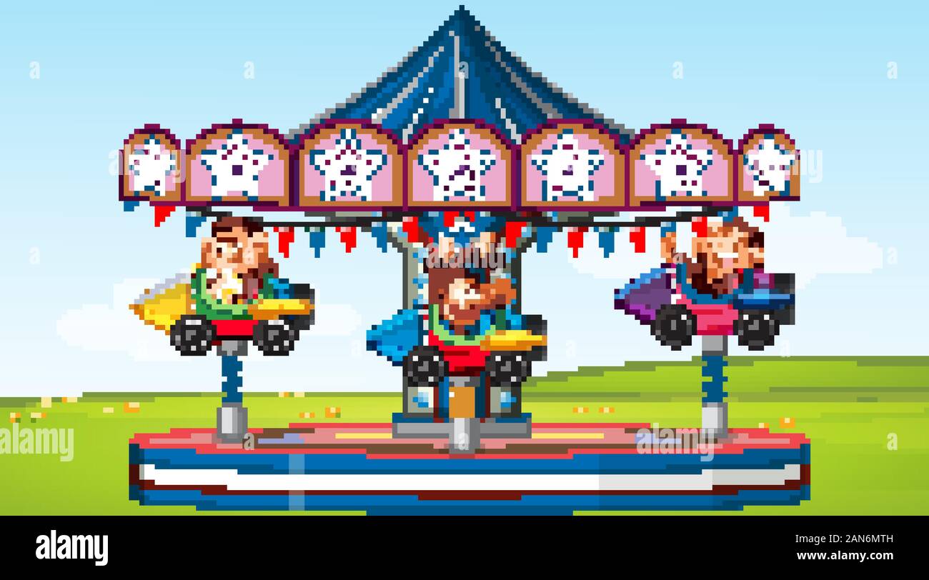 Scene with happy monkeys riding on rocket ride in the park illustration ...