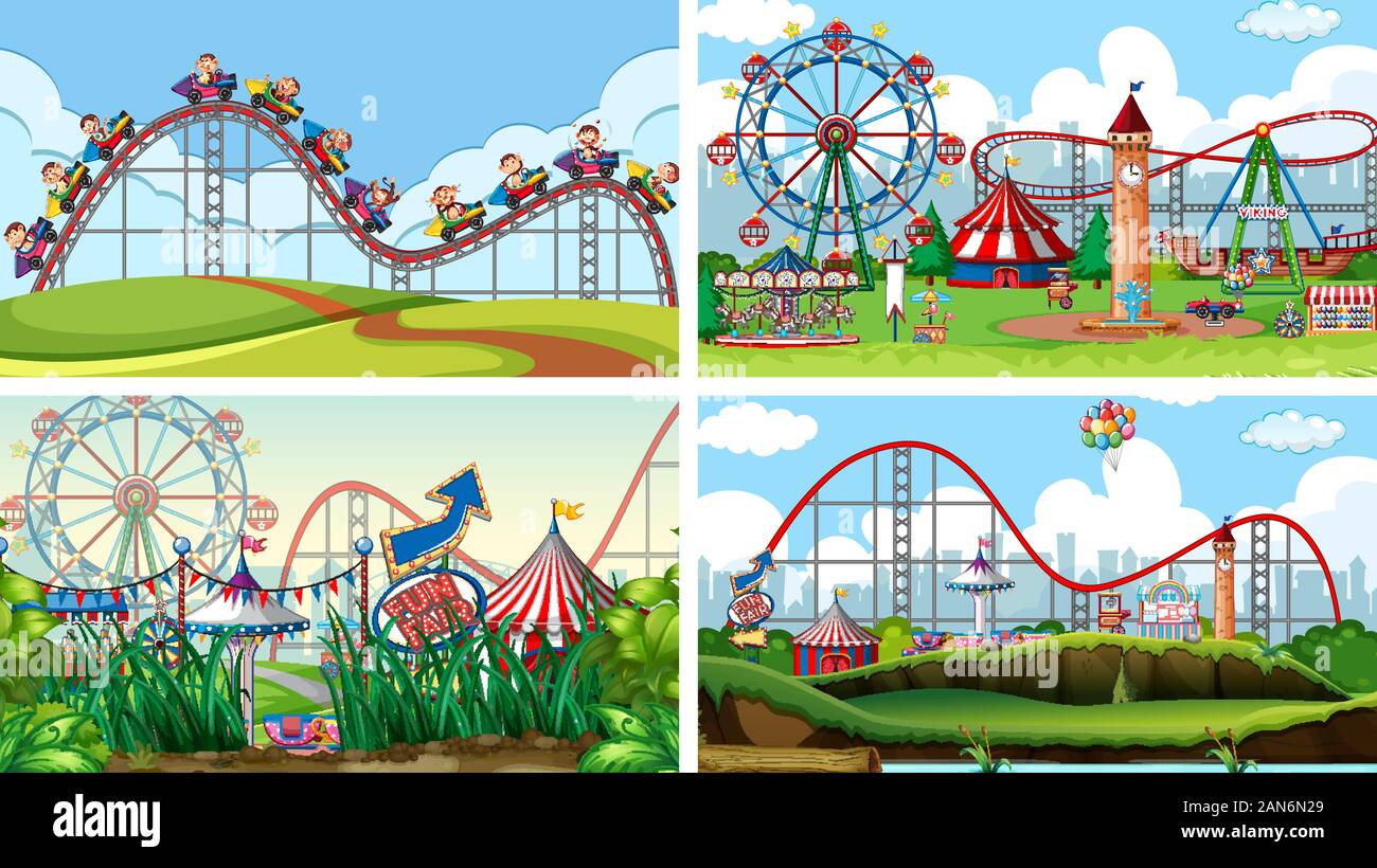 Four scenes with many rides in the fun fair illustration Stock Vector ...