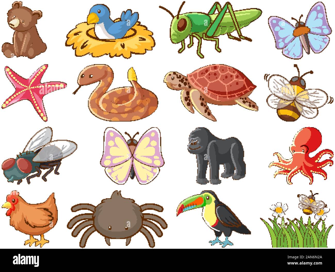 Large set of wildlife with many types of animals on white background ...
