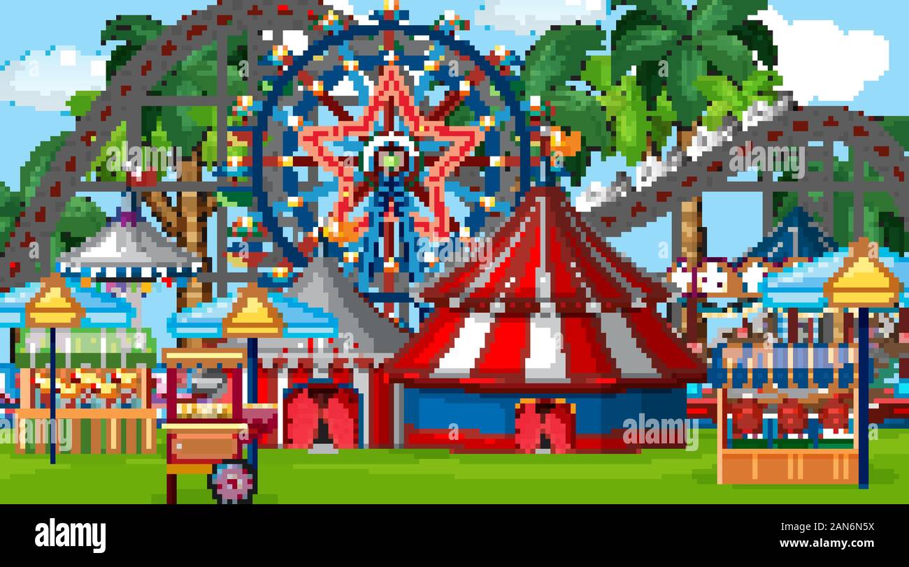 Scene with roller coaster and many rides in the fair illustration Stock ...