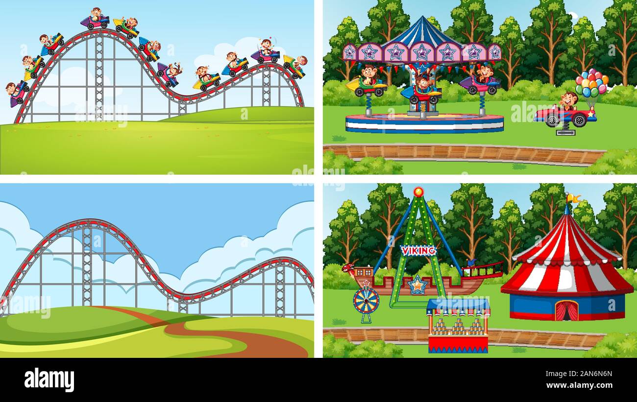 Four scenes with many rides in the fun fair illustration Stock Vector ...