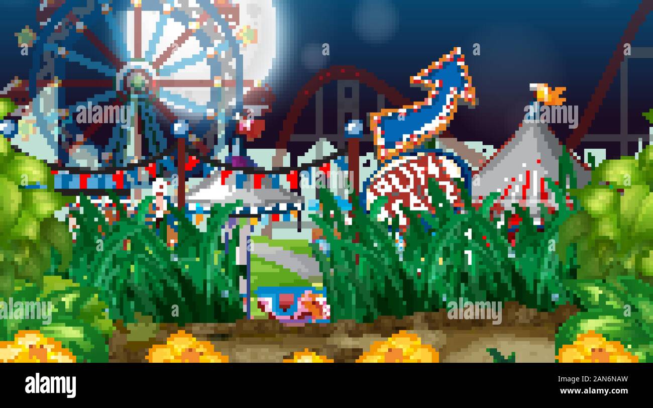 Scene with many rides in the fair at night time illustration Stock ...