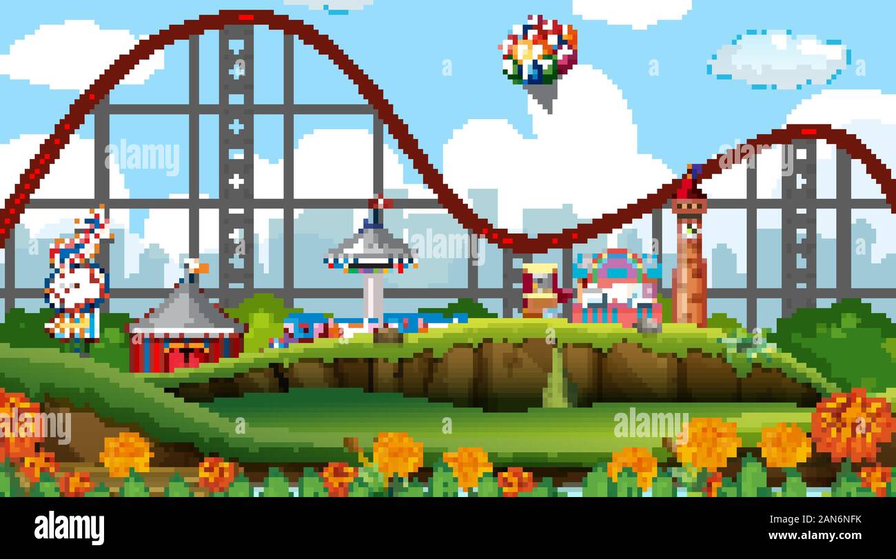 Scene with roller coaster and other rides in the park illustration ...