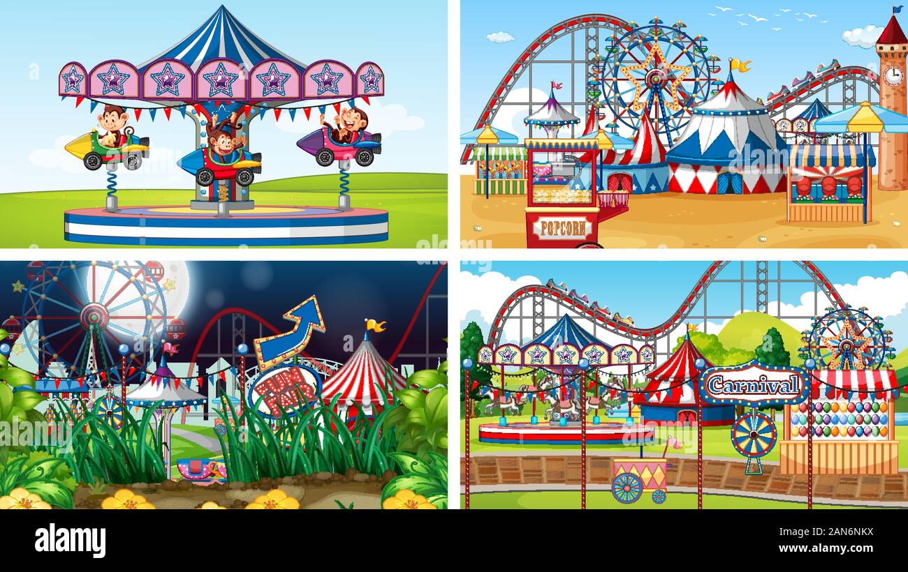 Four scenes with many rides in the fun fair illustration Stock Vector ...