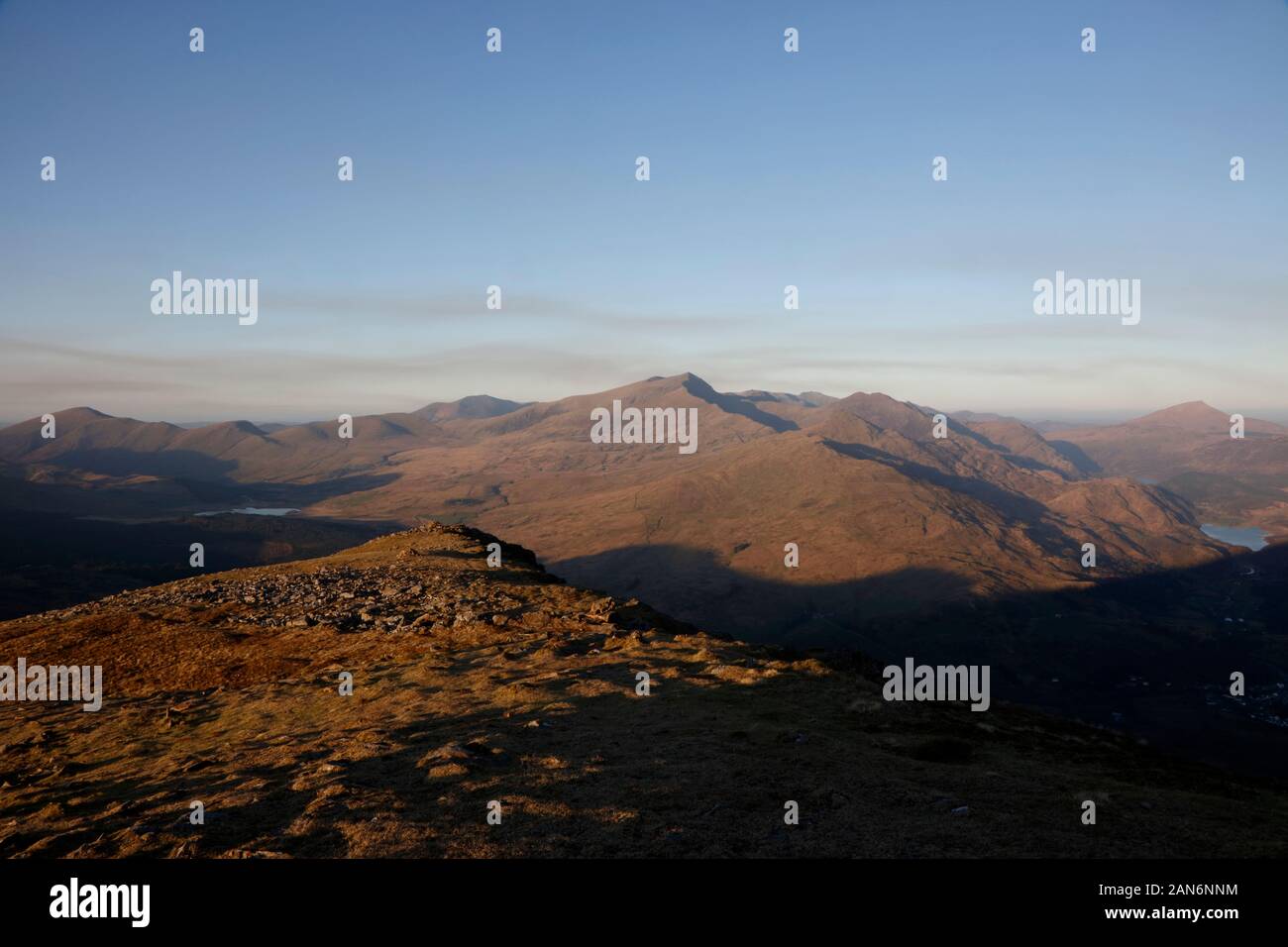 Snowdon summit and South Ridge seen from Moel Hebog, Snowdonia, Wales ...
