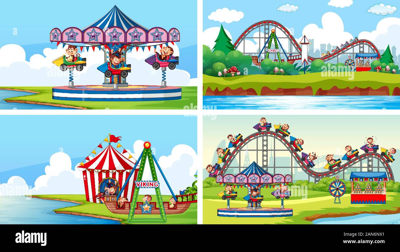 Four scenes with many rides in the fun fair illustration Stock Vector ...