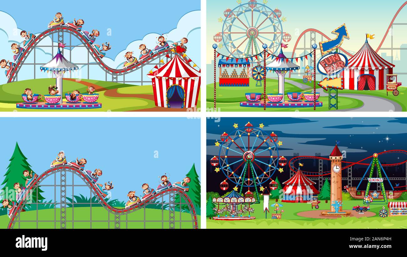 Four scenes with many rides in the fun fair illustration Stock Vector ...