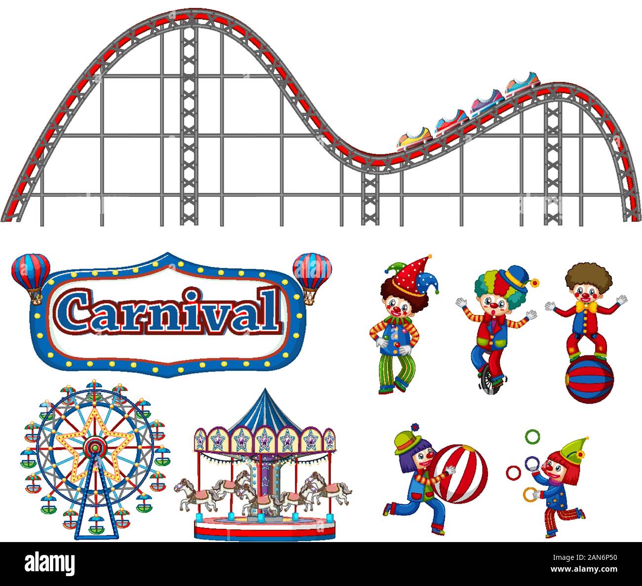 Large set of carnival items and clowns on white background illustration ...