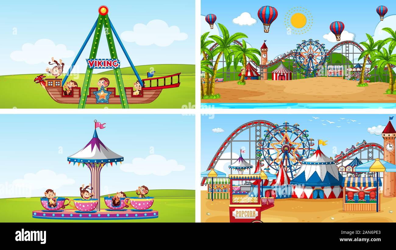 Four scenes with many rides in the fun fair illustration Stock Vector ...