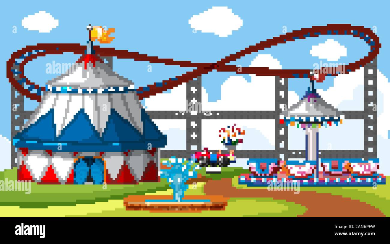 Scene with roller coaster and big circus tent in the park illustration ...