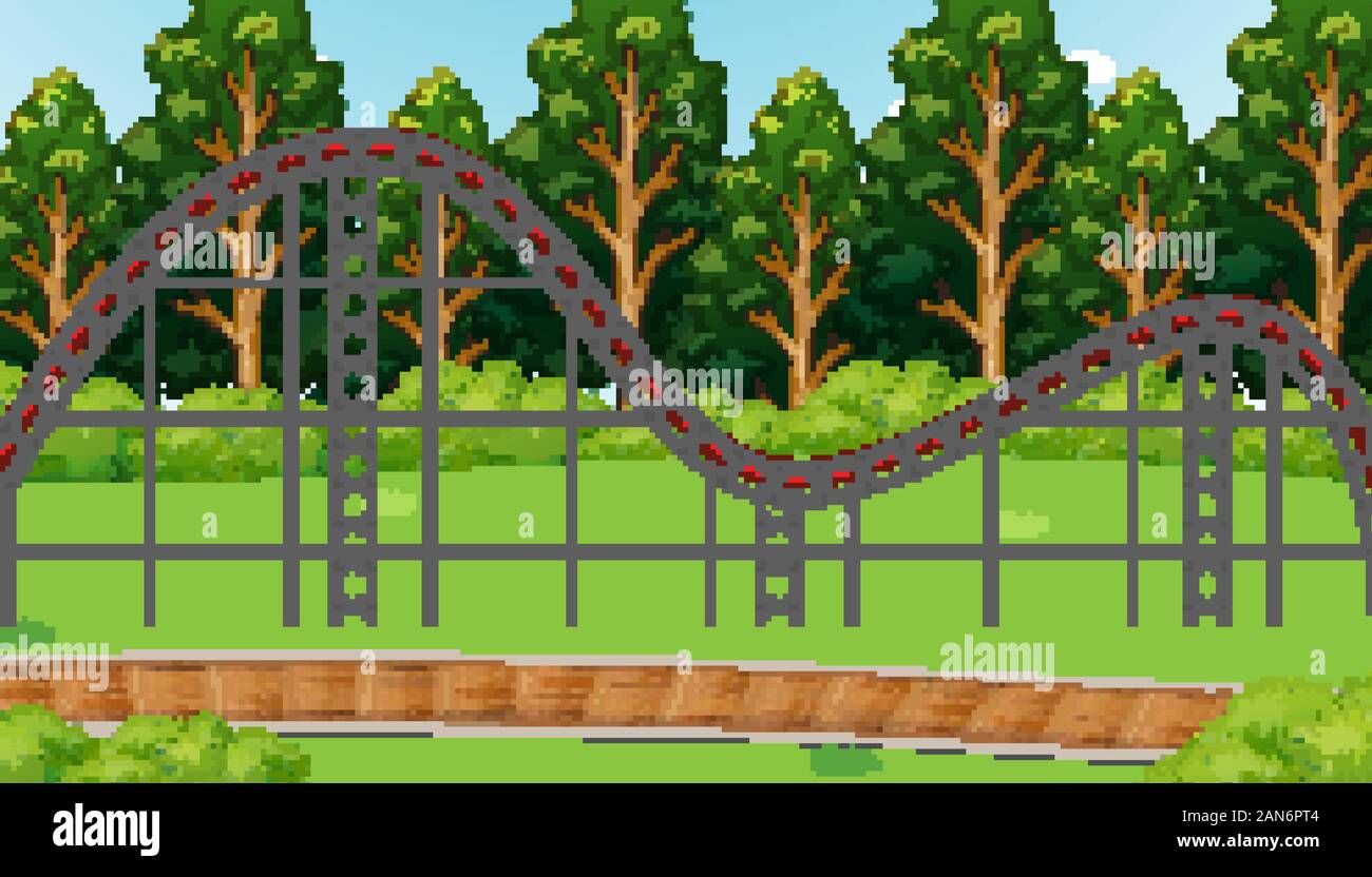 Scene with empty roller coaster track in the park illustration Stock ...
