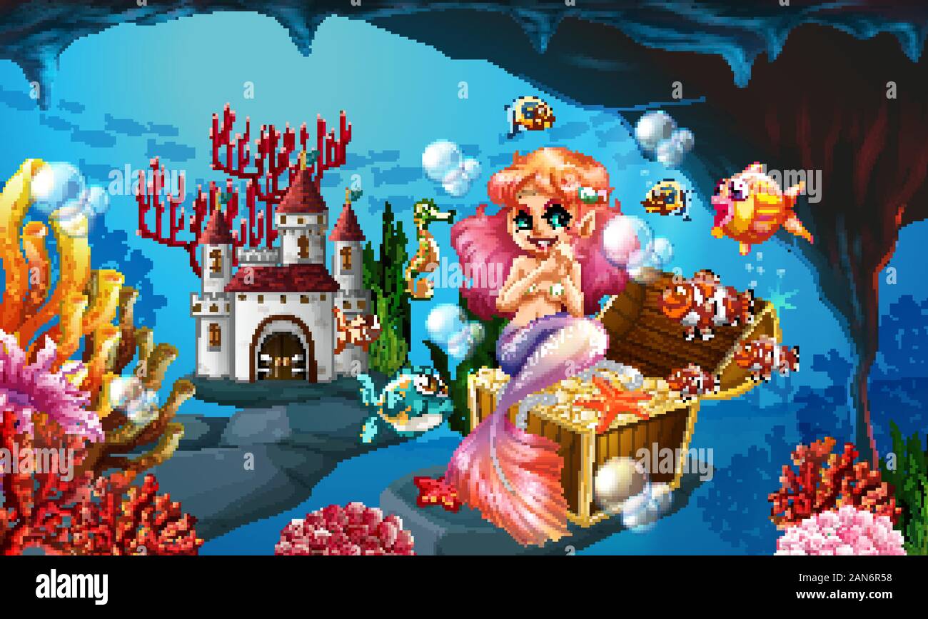 Mermaid and golden coins under the sea illustration Stock Vector Image ...