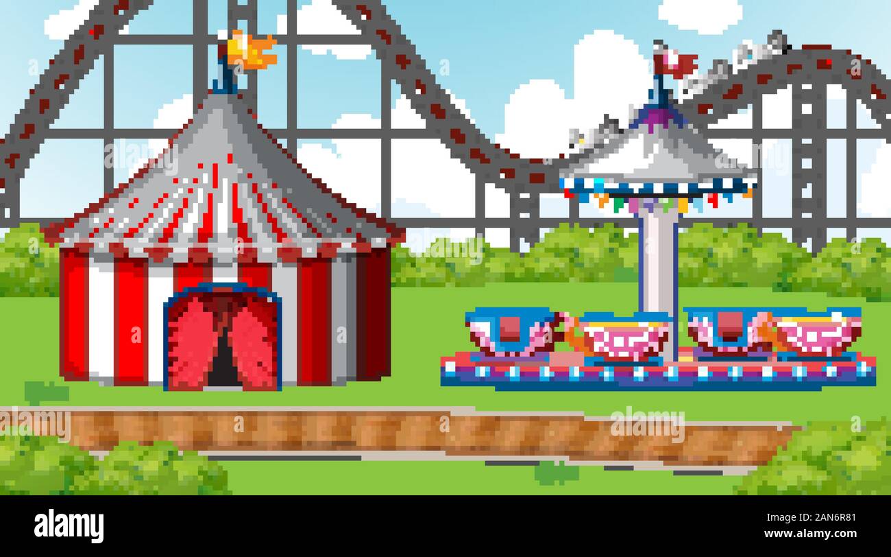 Scene with roller coaster and spinning cup in the fair illustration ...