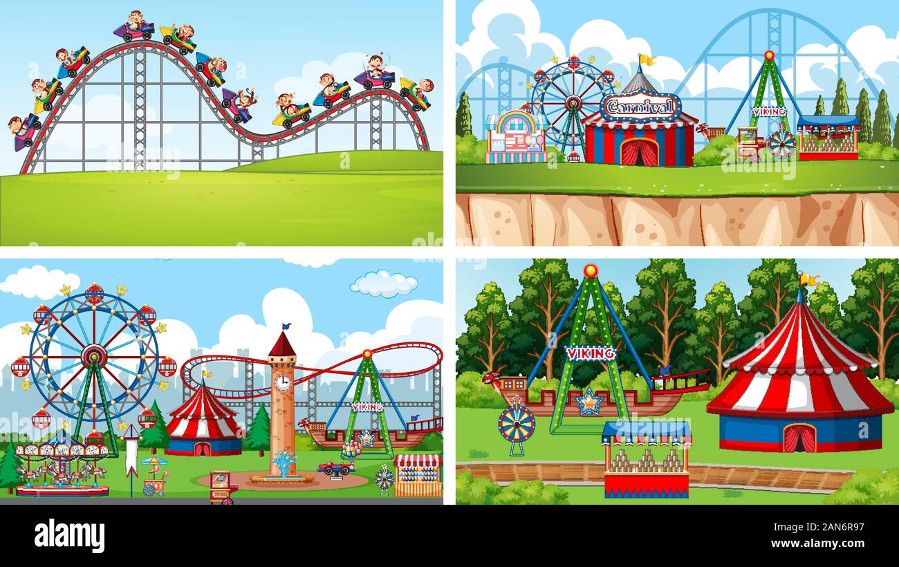 Four scenes with many rides in the fun fair illustration Stock Vector ...