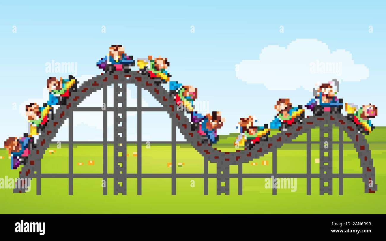 Scene with happy monkeys riding on roller coaster in the park ...