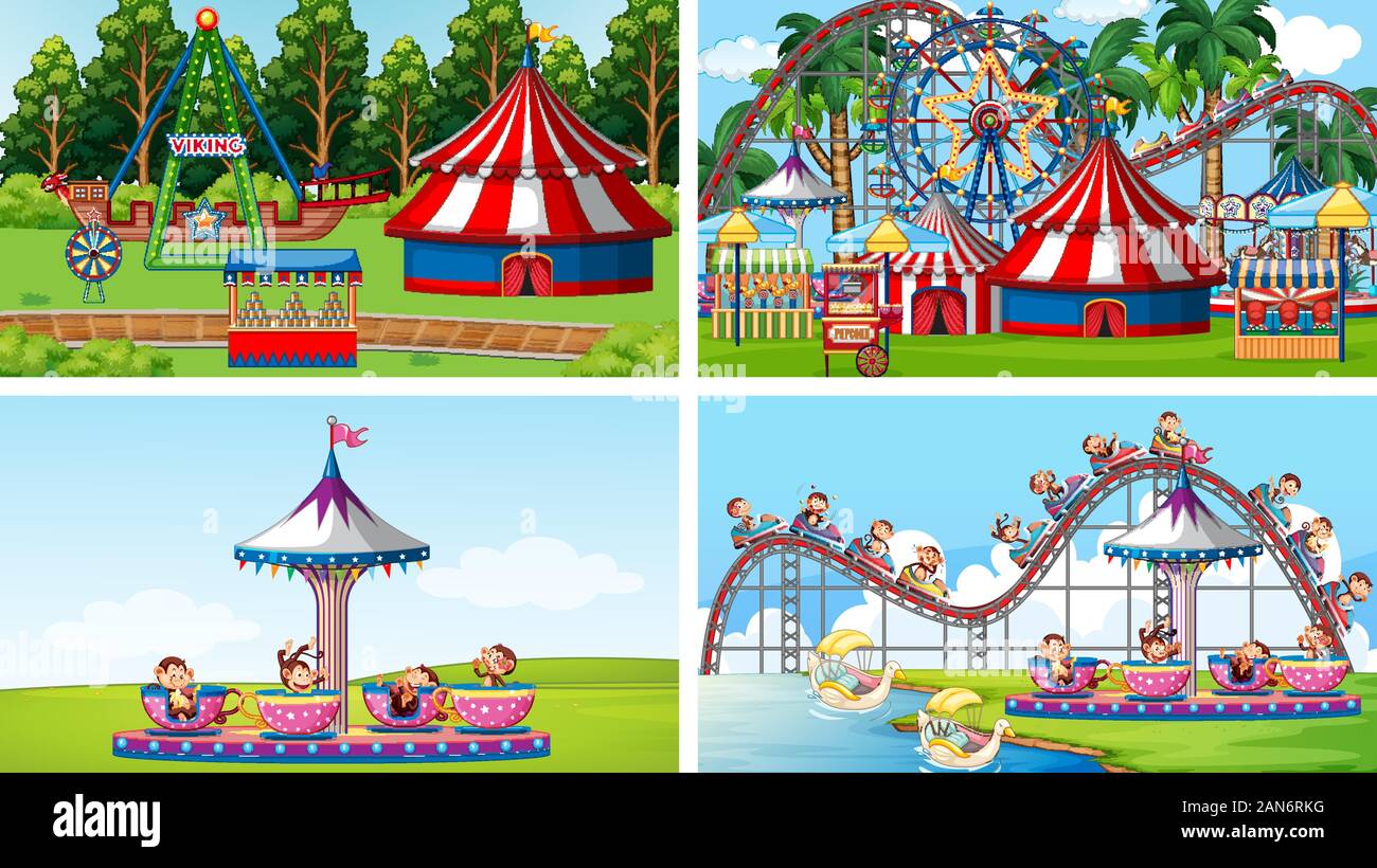 Four scenes with many rides in the fun fair illustration Stock Vector ...