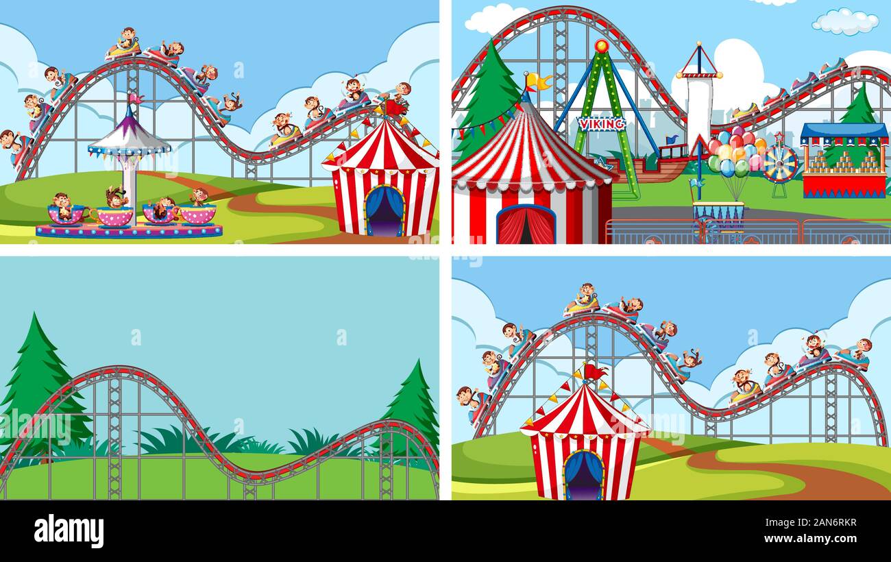 Four scenes with many rides in the fun fair illustration Stock Vector ...