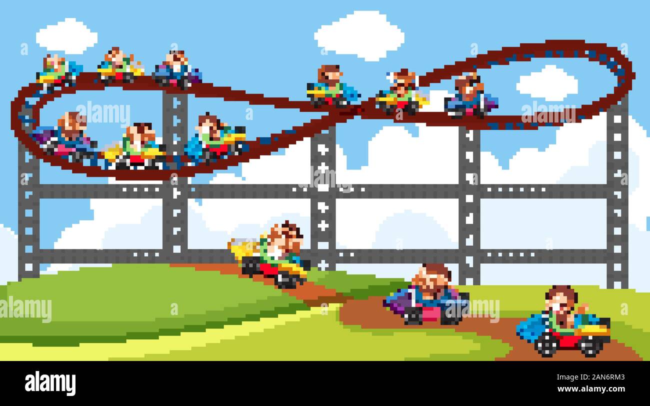 Scene with cute monkeys riding on roller coaster in the park ...