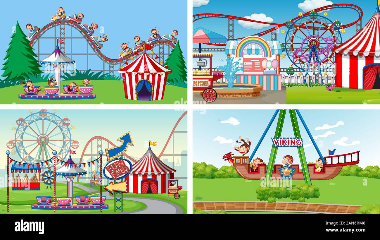 Four scenes with many rides in the fun fair illustration Stock Vector ...