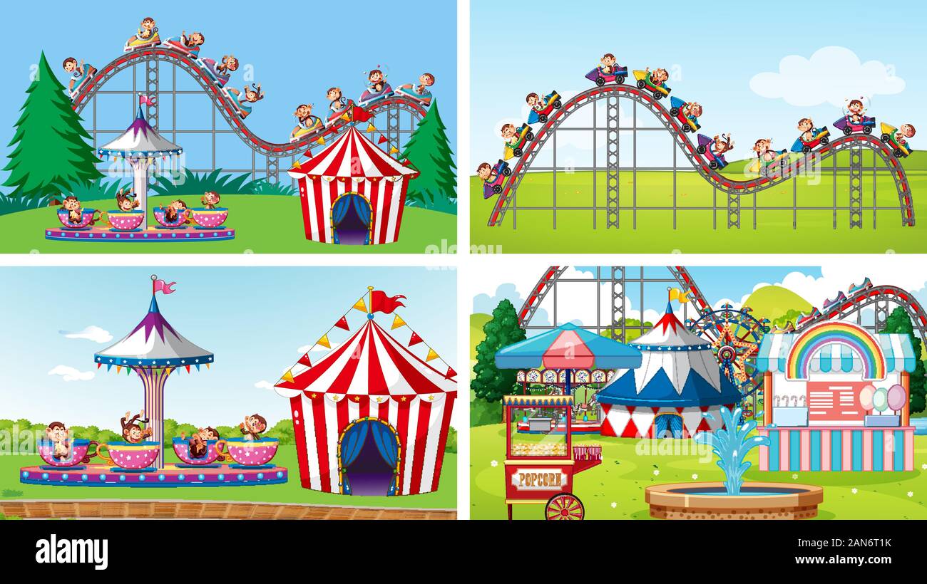 Four scenes with many rides in the fun fair illustration Stock Vector ...