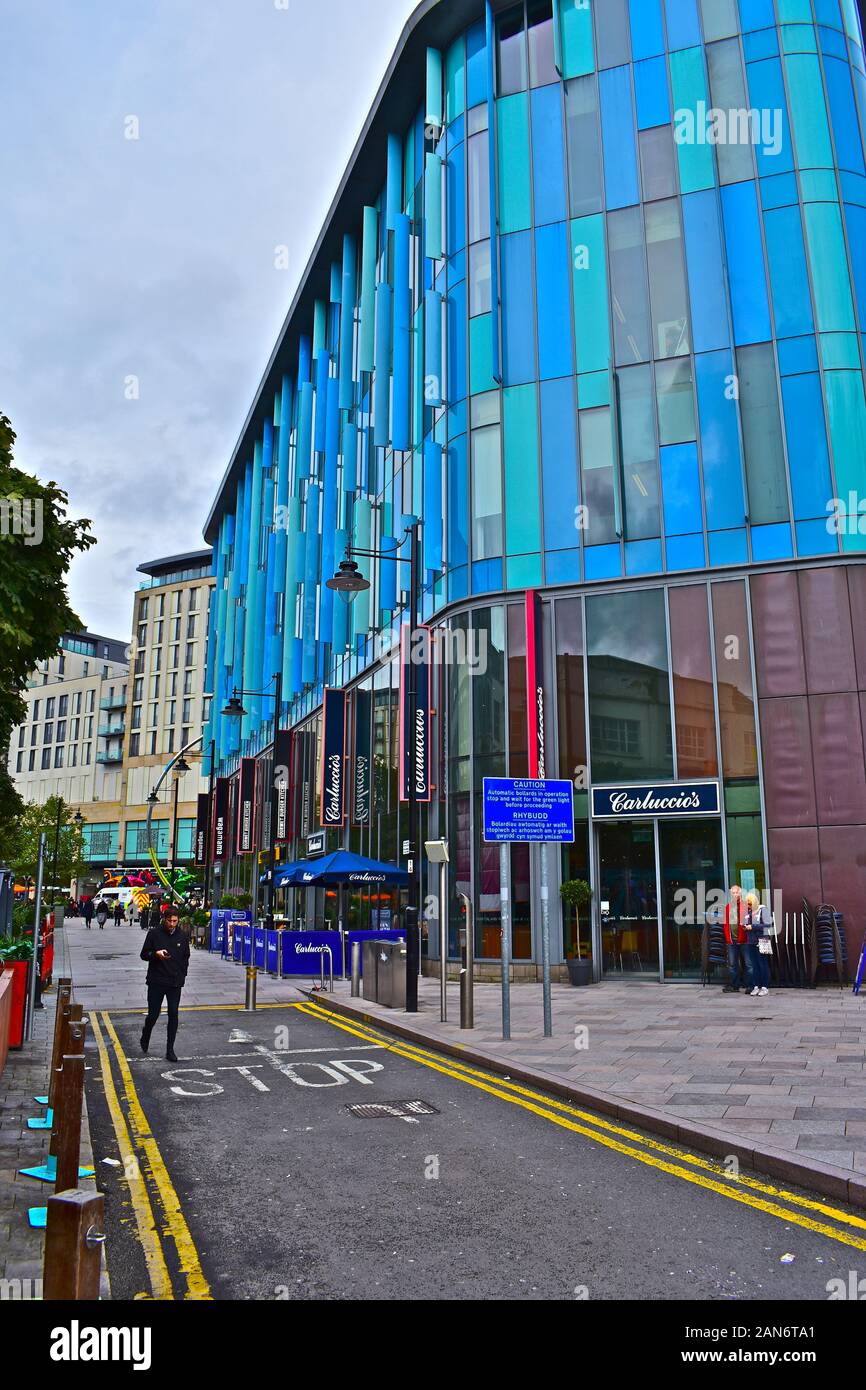 A street view of the modern Cardiff Central library building, also ...