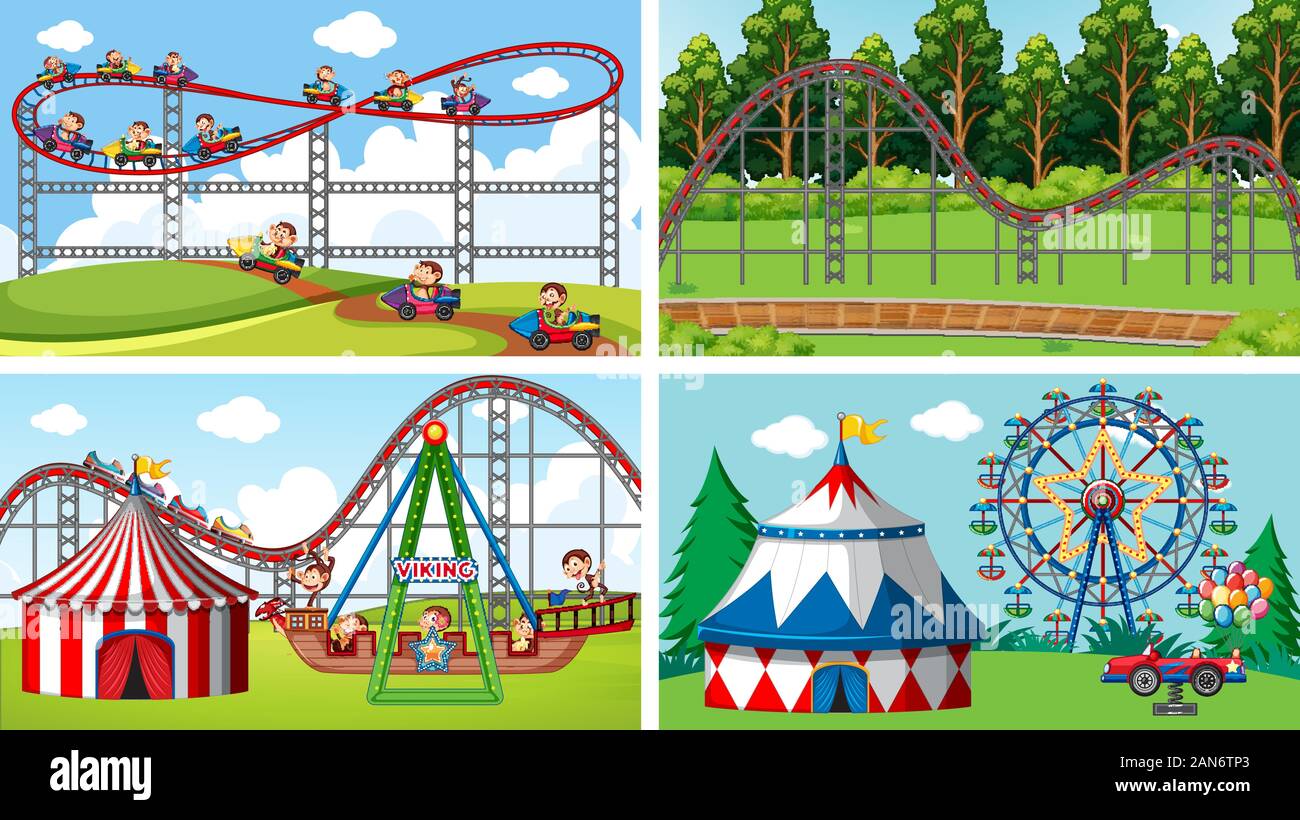 Four scenes with many rides in the fun fair illustration Stock Vector ...