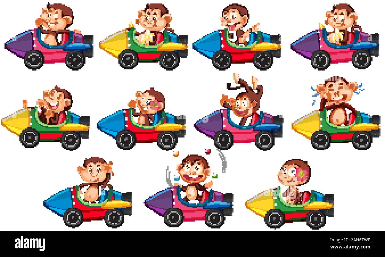 Set of happy monkeys riding on rocket car illustration Stock Vector ...