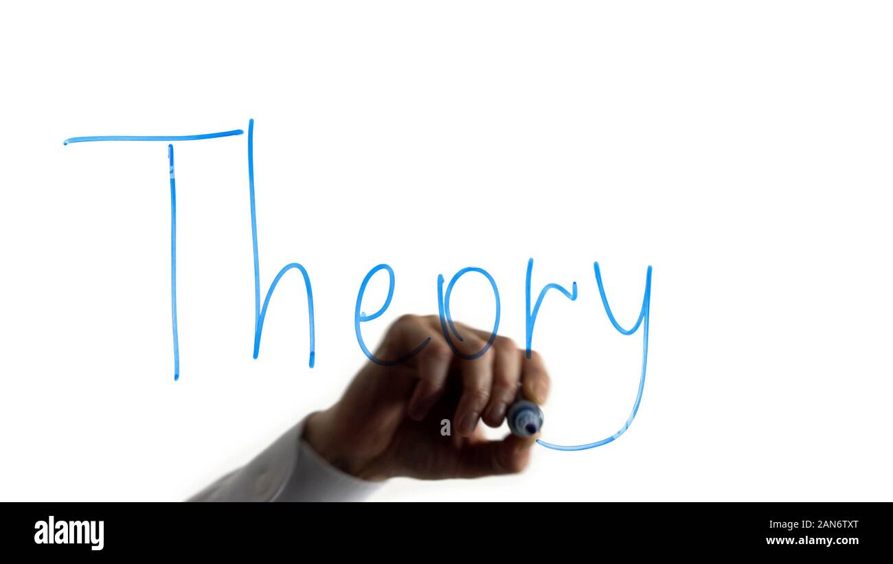 Teacher writing theory word on white background, university subject ...