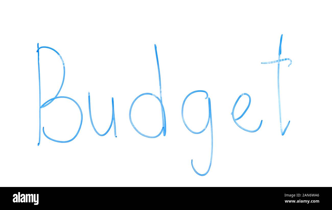 Budget word written on glass, distribution of money for needs ...