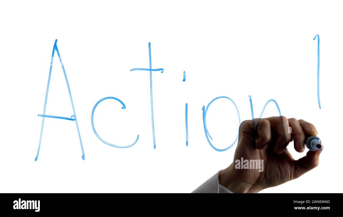 Business man writing action word on glass, project management, call to ...