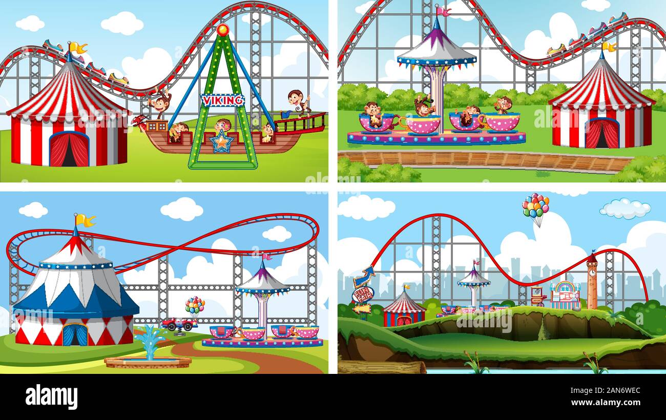 Four scenes with many rides in the fun fair illustration Stock Vector ...
