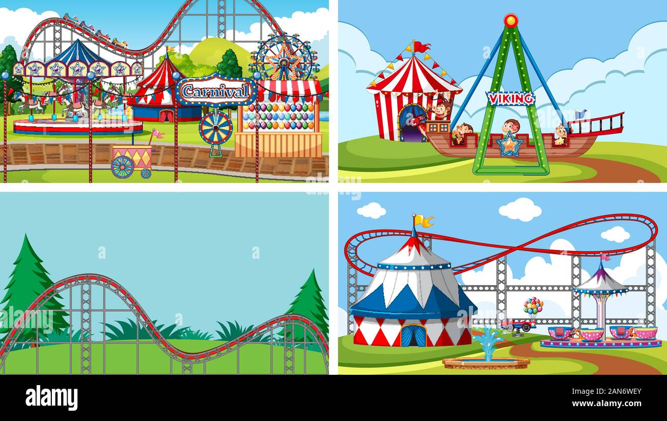 Four scenes with many rides in the fun fair illustration Stock Vector ...