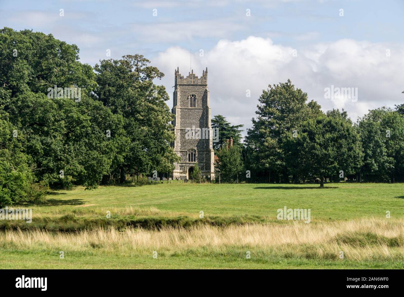The tower of the church of St Mary, Helmingham, Suffolk, UK; viewed ...