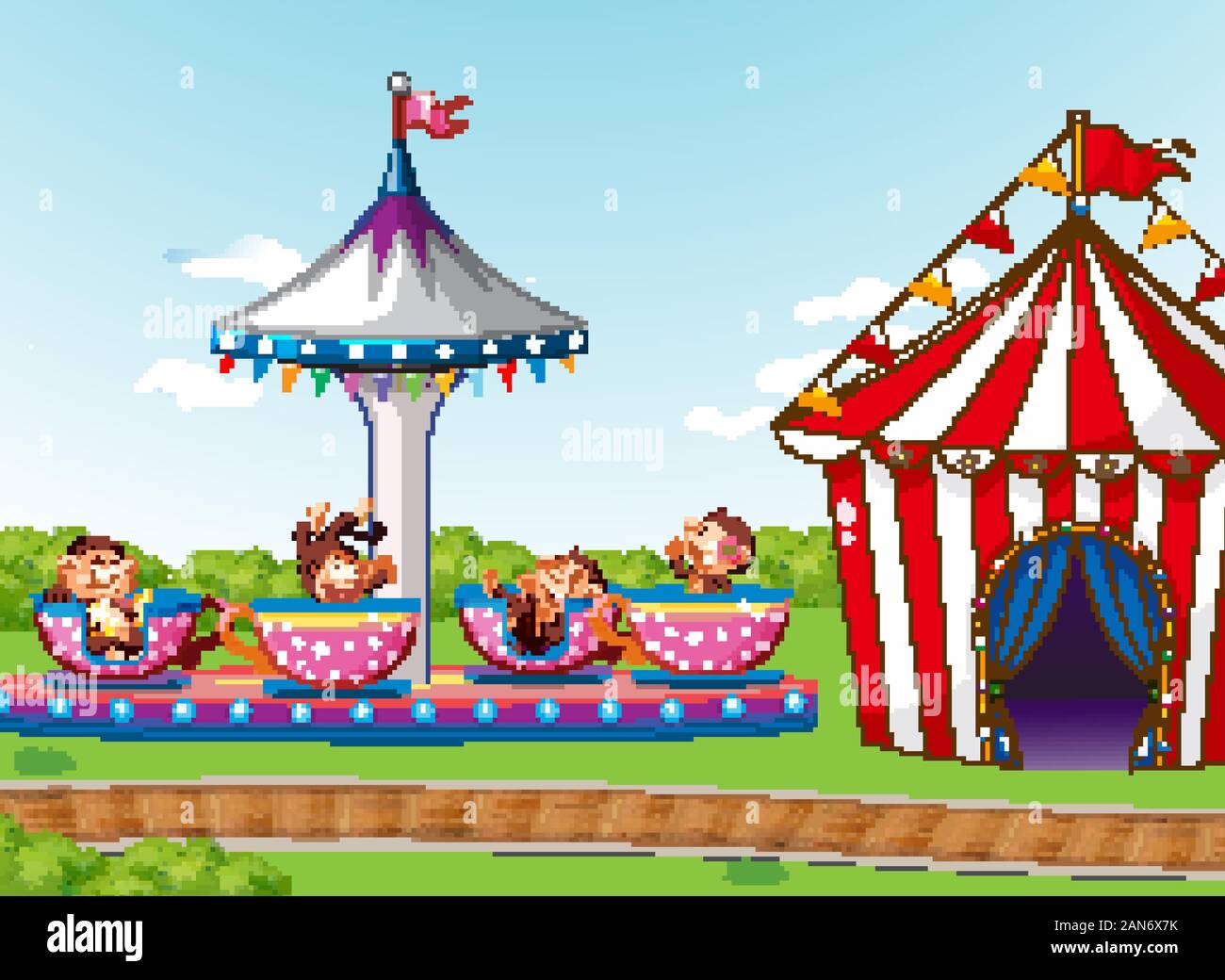 Scene with monkeys on circus ride and tent in the park illustration ...