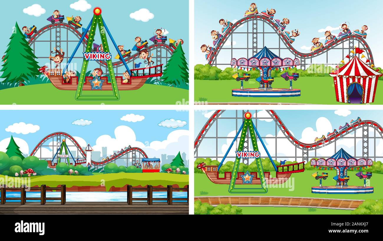 Four scenes with many rides in the fun fair illustration Stock Vector ...