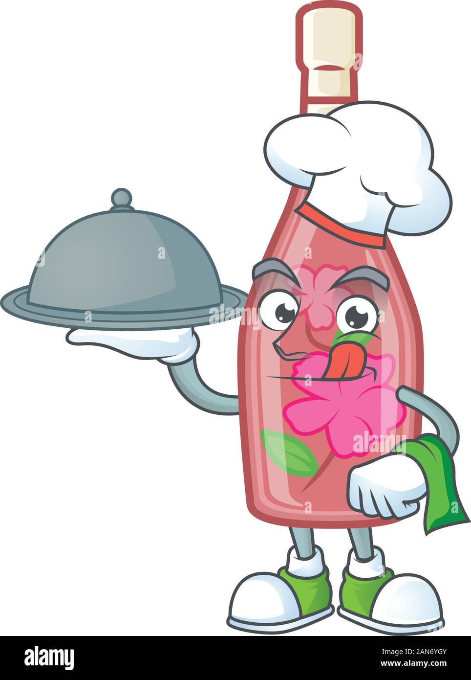 cartoon design of pink bottle wine as a Chef having food on tray Stock ...