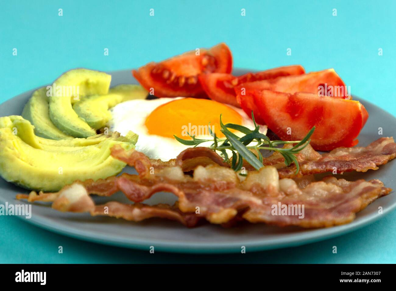 Healthy keto breakfast with fried egg and bacon, avocado and tomatoes ...