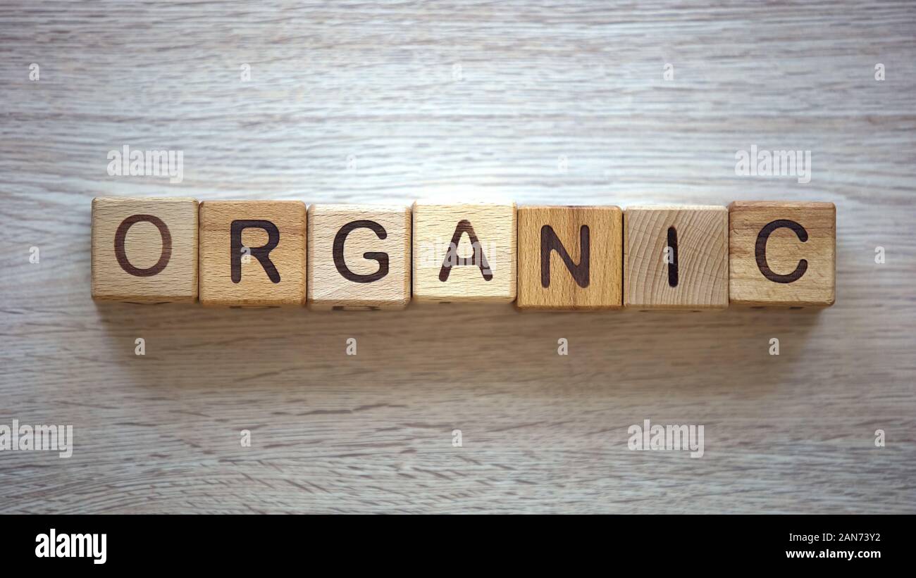 Organic word made of cubes, fruits and vegetables from private farms ...