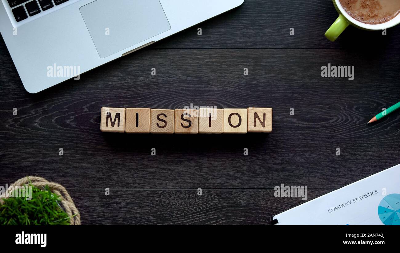 Mission word on wooden cubes, plan and goal achievement concept ...