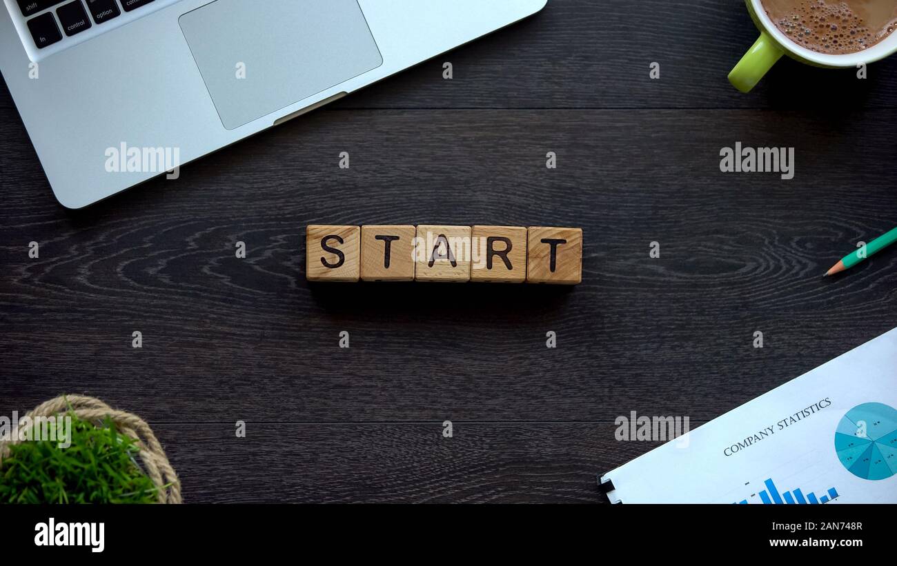 Start, word made on wooden cubes, beginning of new life, motivation for ...