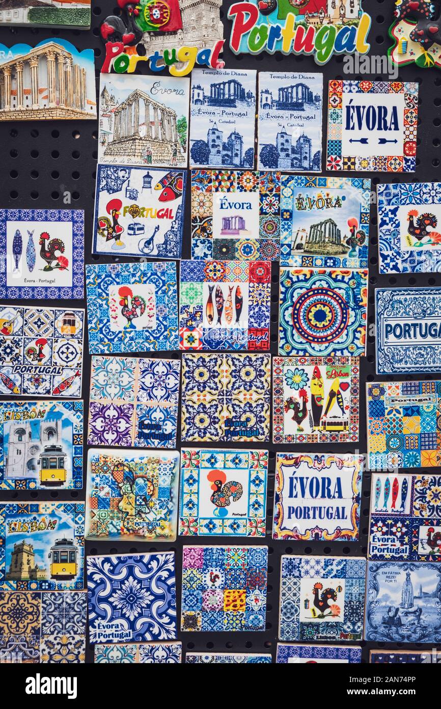Magnet souvenirs from the city of Evora and Portugal Stock Photo - Alamy