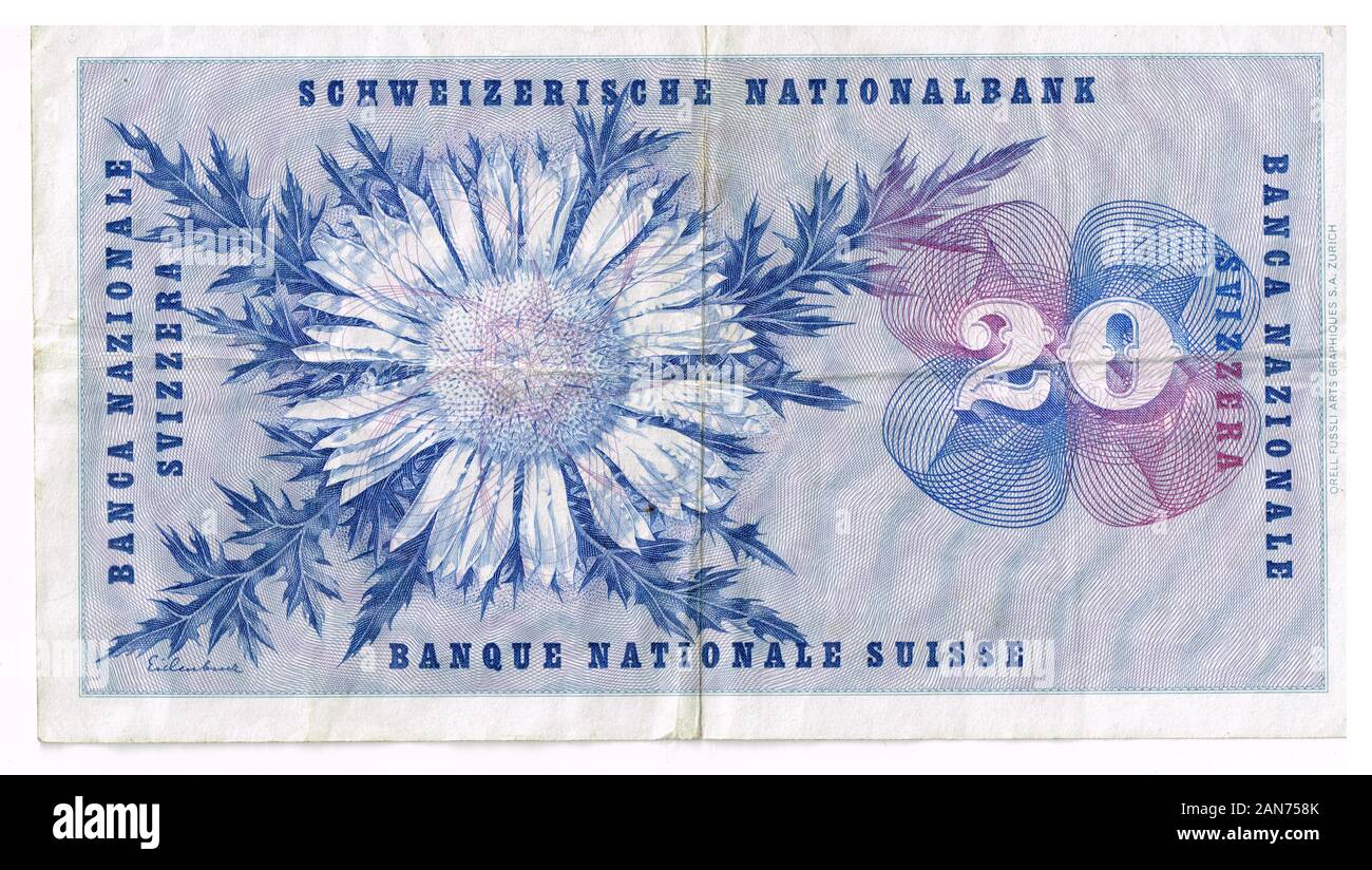 Old swiss banknote, 20 Swiss Francs, Swiss Stock Photo - Alamy