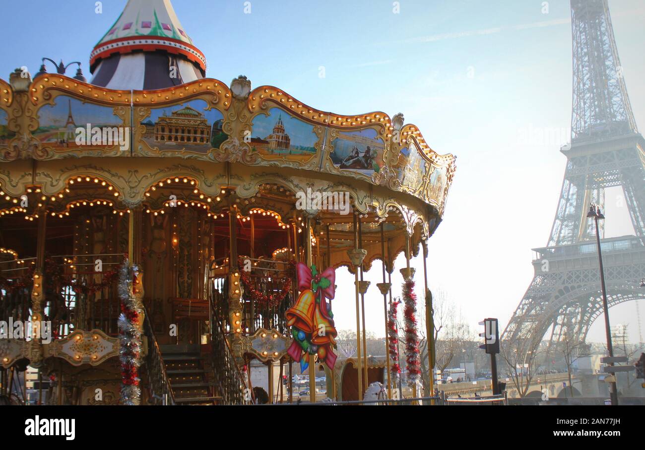 Carousel in park near the Eiffel tower in Paris Stock Photo - Alamy